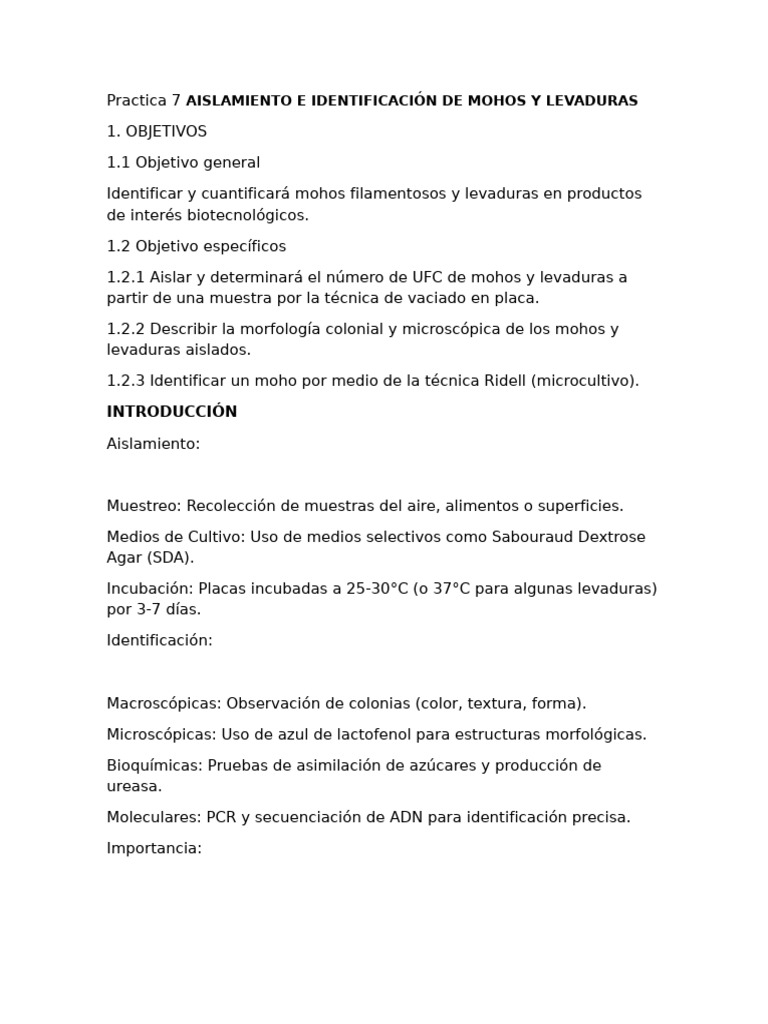 Practica 7 AISLAMIENTO E IDENTIFICACIÓN DE MOHOS Y LEVADURAS | PDF