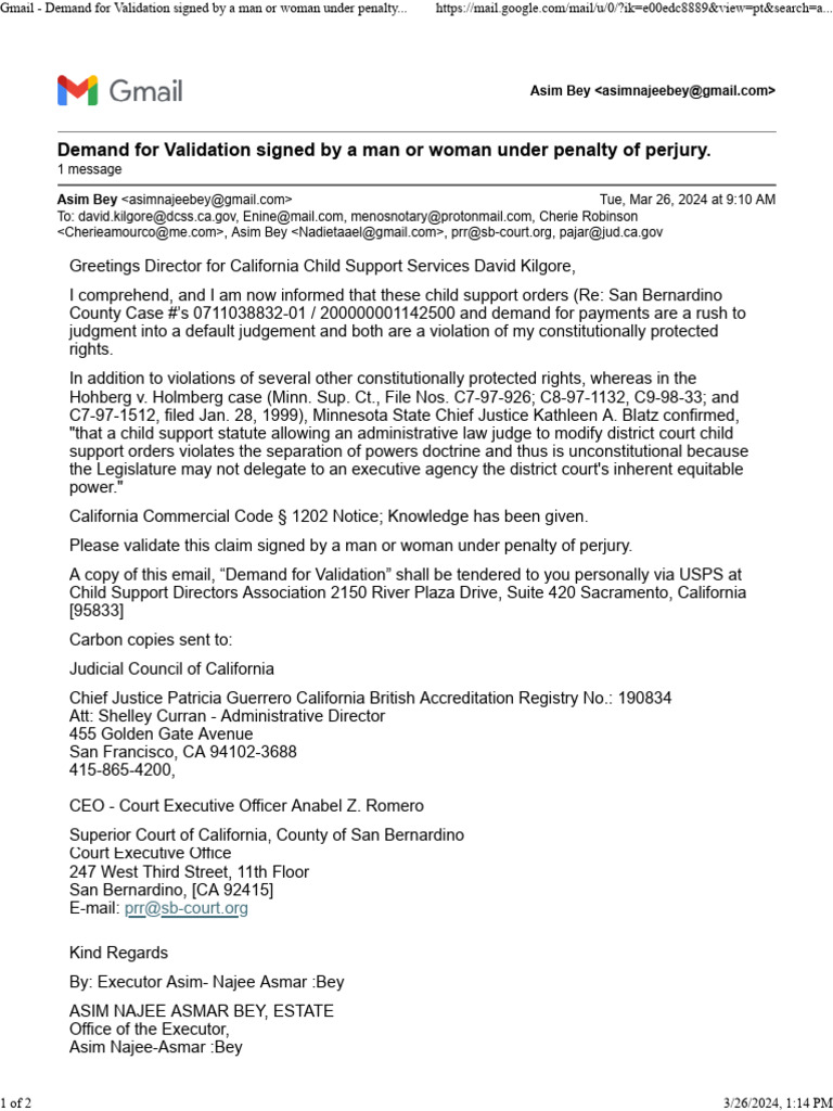 Demand For Validation of Claim Refused By: State of California DCSS ...