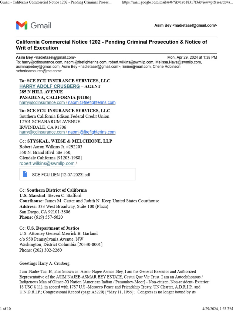 Harry Crusberg COM 1202 False Claims Actions - California Commercial Notice 1202 - Pending ...