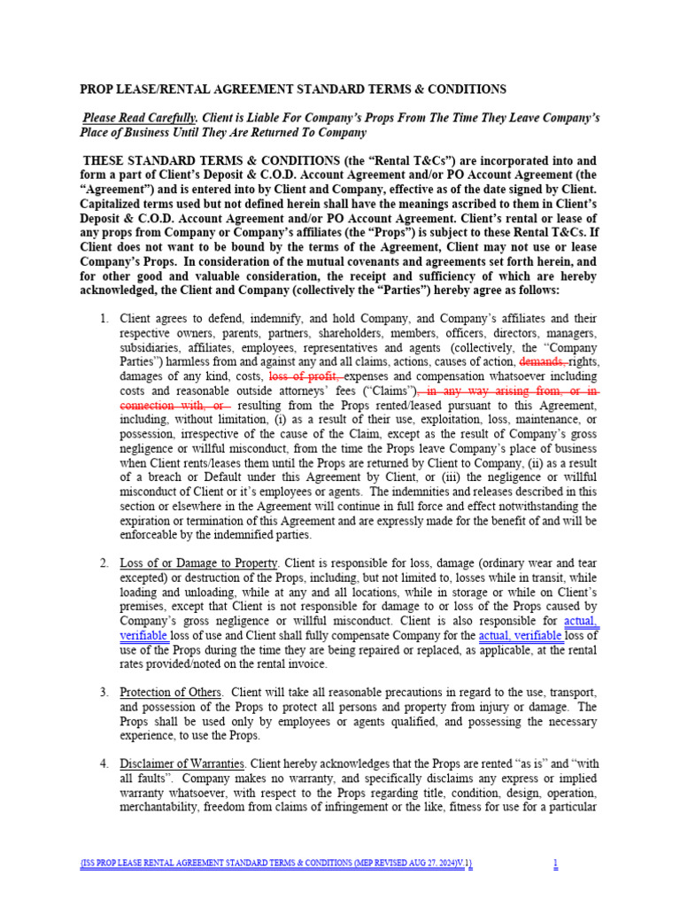 Please Read Carefully. Client Is Liable For Company's Props From The ...