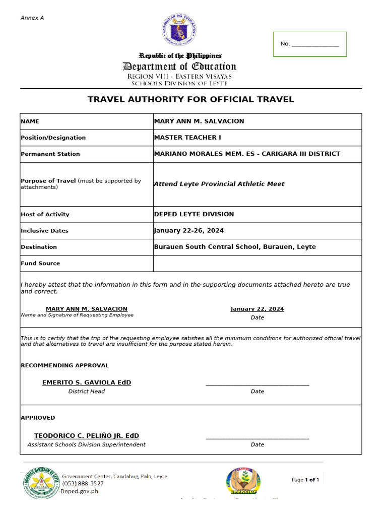 Travel Authority For Official Travel | PDF