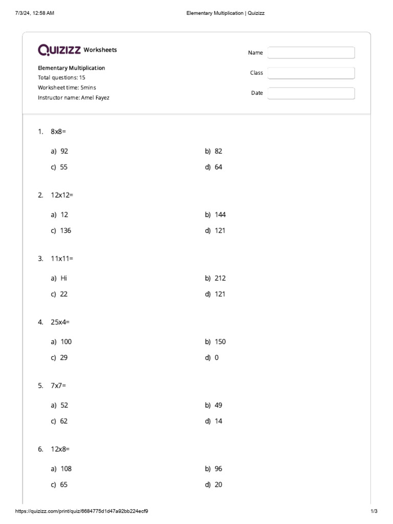 Elementary Multiplication - Quizizz | PDF