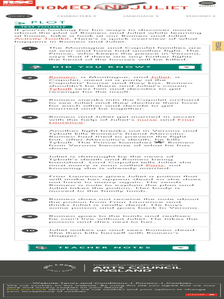 Romeo and Juliet Plot Summary Shakespeare Learning Zone | PDF