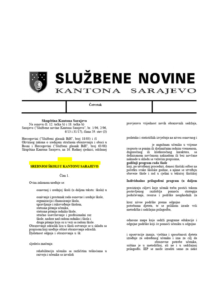 Zakon o Osnovnom I Srednjem Obrazovanju | PDF