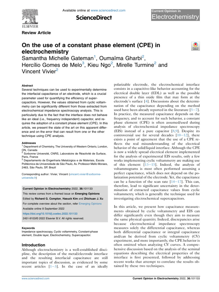 Use of A Constant Phase Element (CPE) in Electrochimestry | PDF