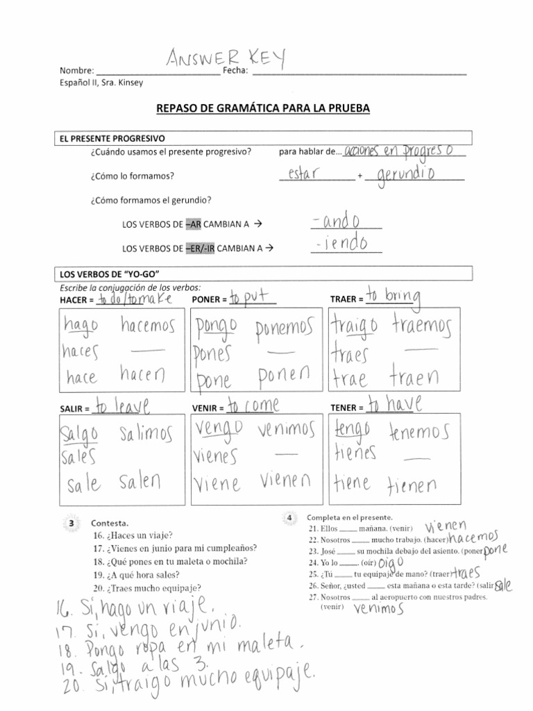 5.6.14 - Spanish II - Classwork Answer Key | PDF