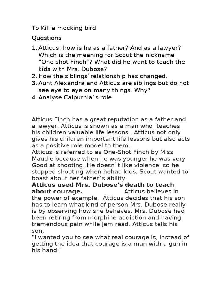 To Kill A Mocking Bird. Questions | PDF