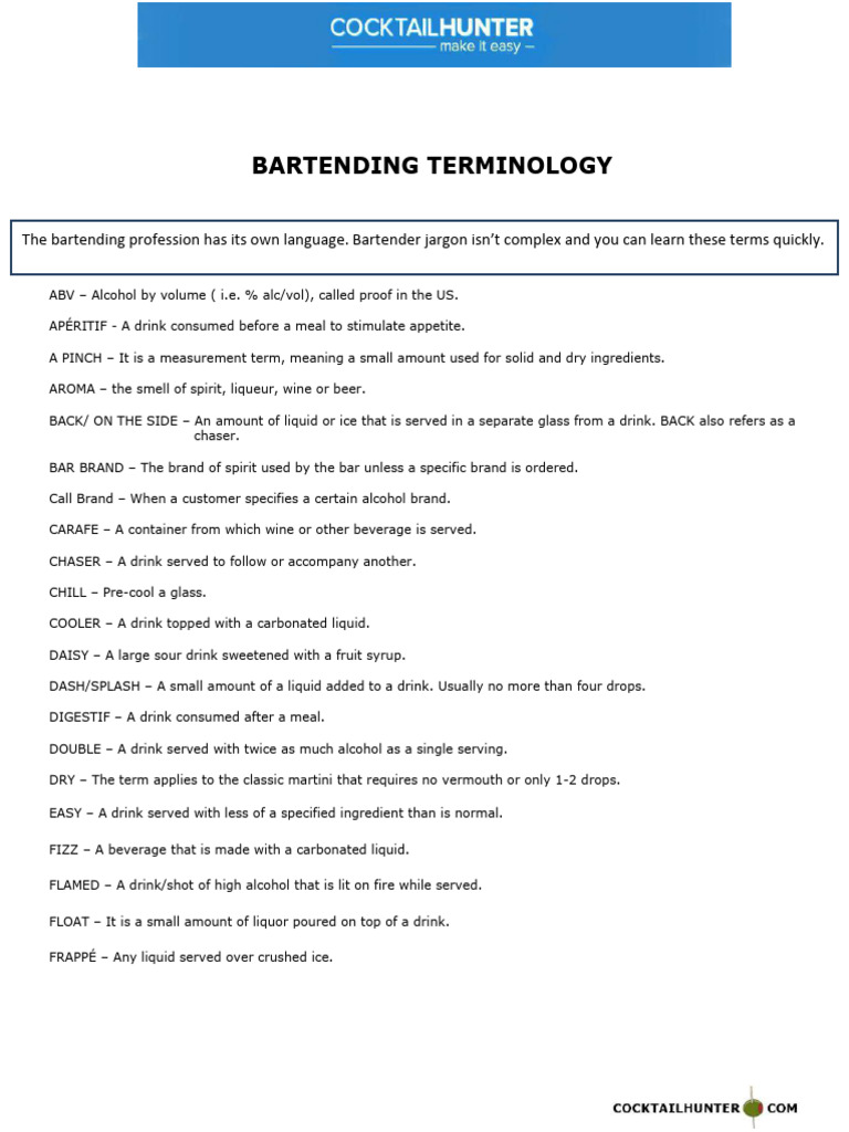 Bartending Terminology Author Cocktail Hunter Recipes | PDF