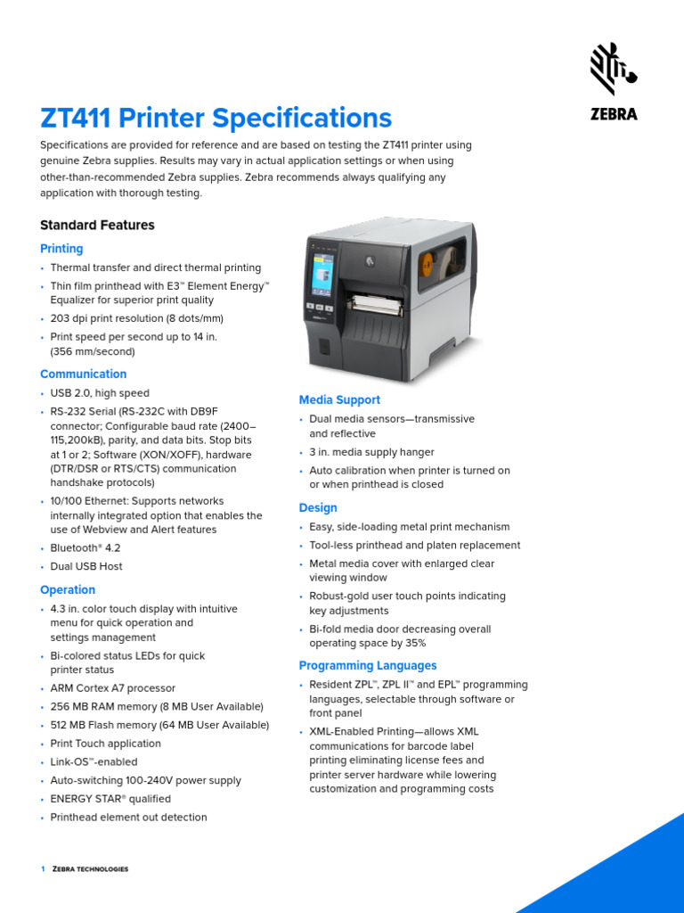 zt411 Tech Specs en Us | PDF
