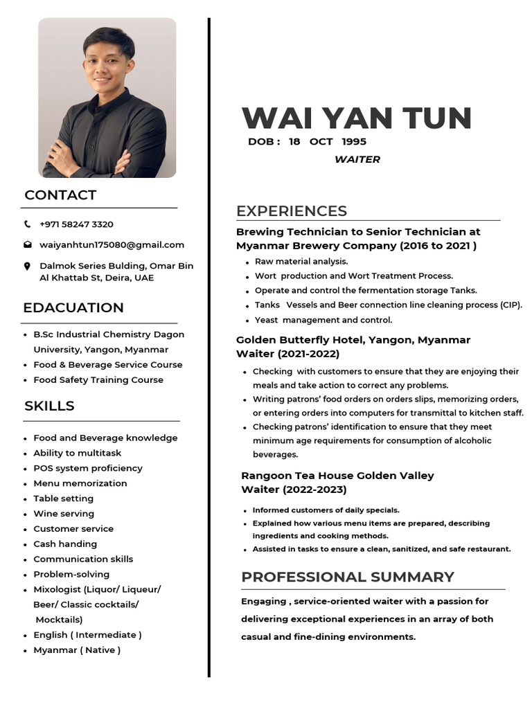 MR Wai Yan Tun - Waiter Resume | PDF | Waiting Staff | Brewing
