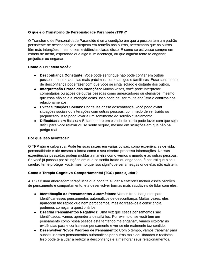 O que é o Transtorno de Personalidade Paranoide (TPP) | PDF