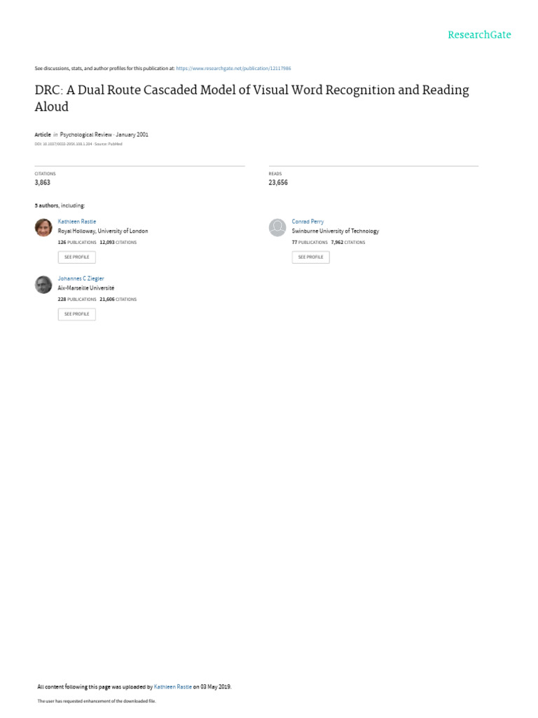 A Dual Route Cascaded Model of Visual Word Recognition | PDF