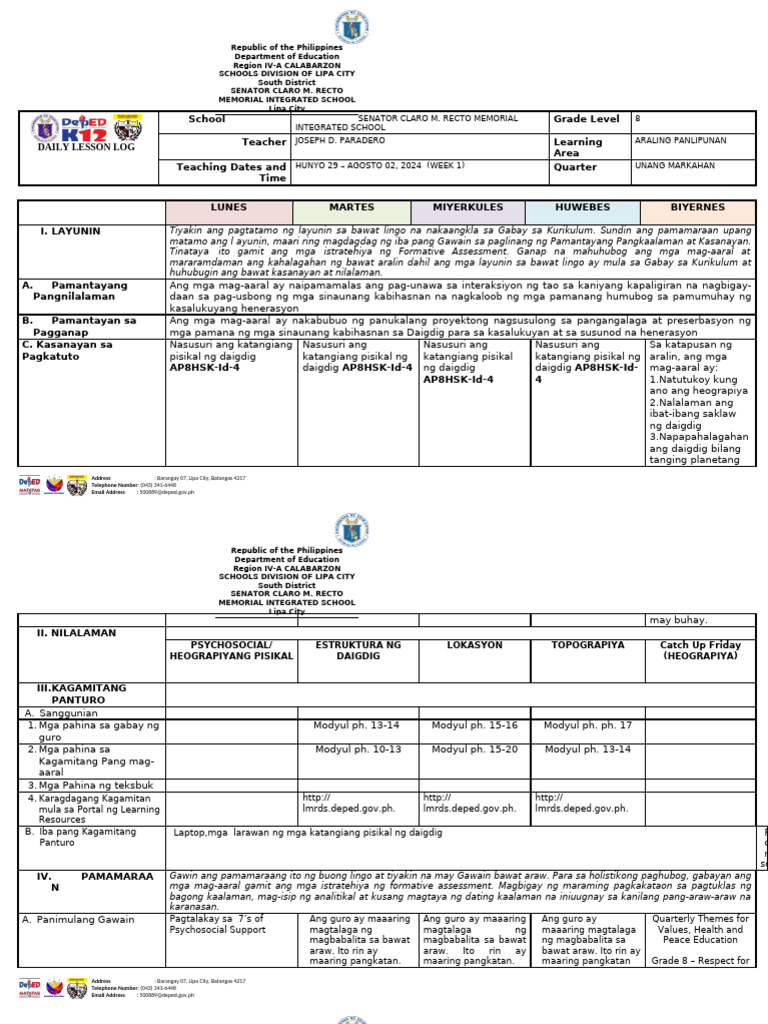 DLL AP8 Q1 - Week1 (SY 24-25) | PDF | Philippines