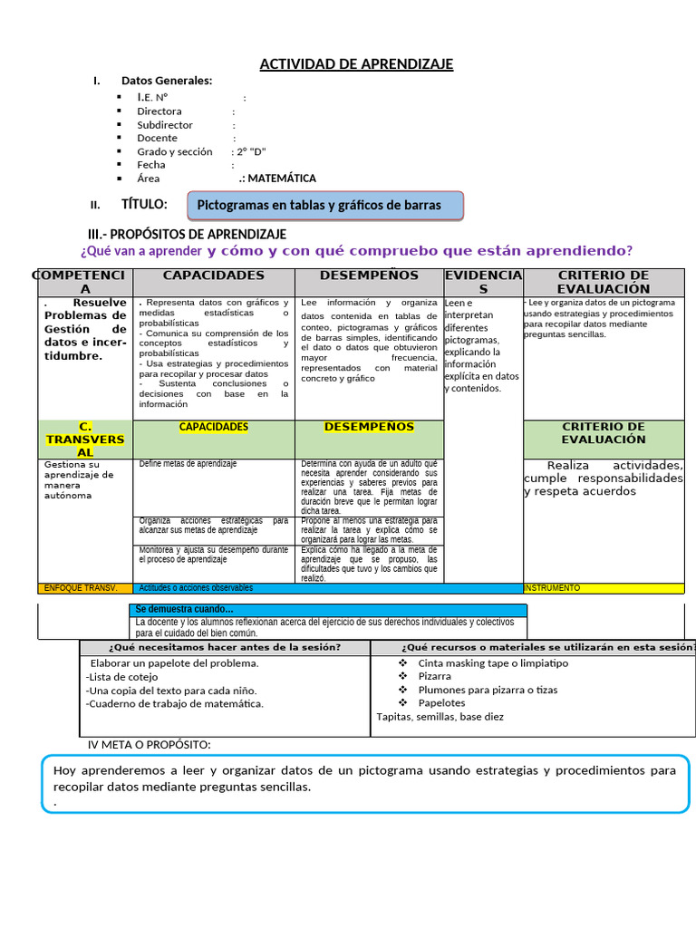 SESIÓN Pictogramas, Tablas y Gráficos de Barras | PDF
