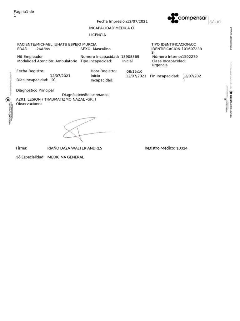 INCAPACIDAD Compensar | PDF