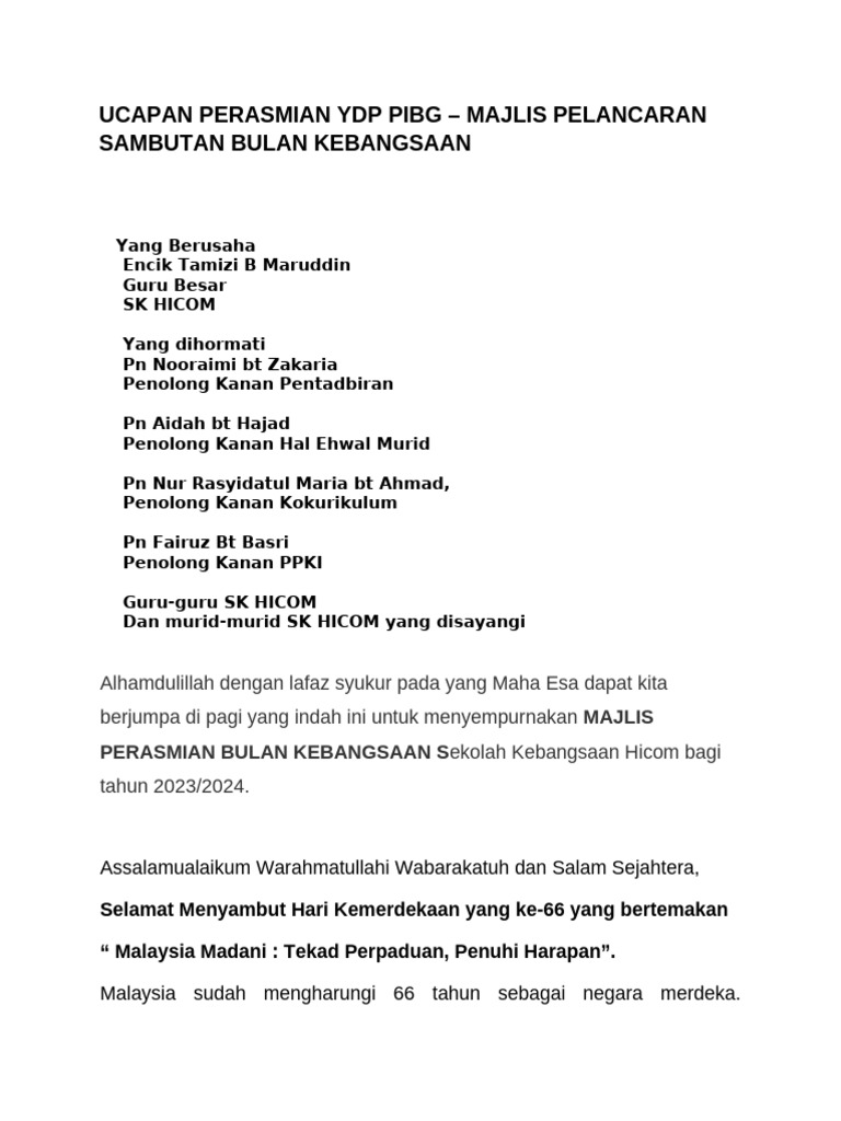 UCAPAN PERASMIAN YDP PIBG Pelancaran Bulan Kebangsaan | PDF