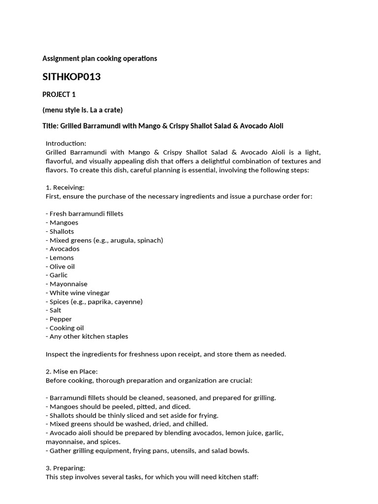 Plan Cooking Operations | PDF