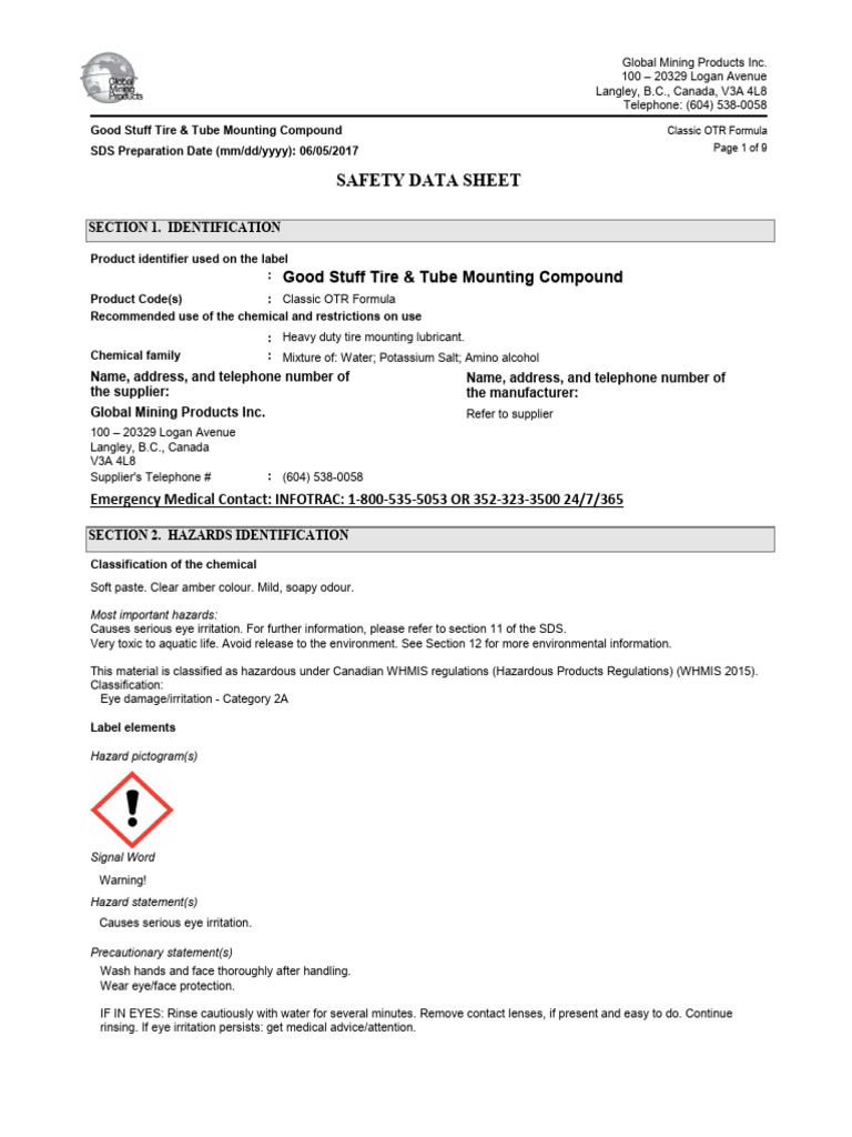 MSDS Good Stuff Tire Tube Mounting Compound Classic Formula | PDF