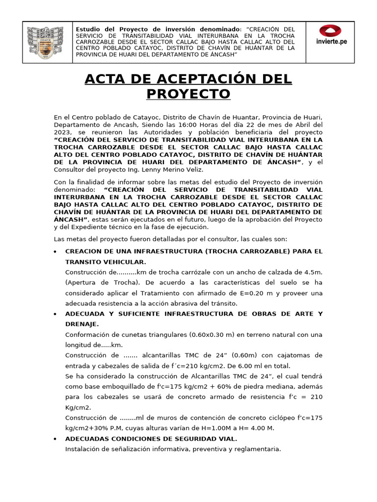 Acta de Aceptacion - Trocha Callac | PDF