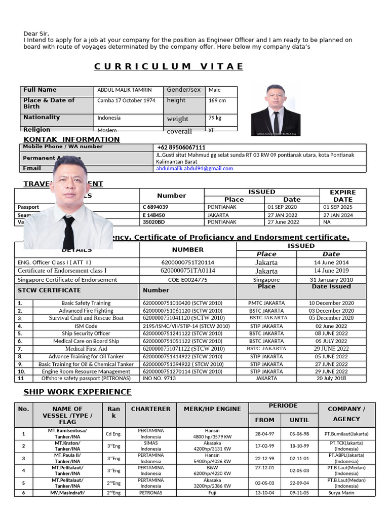 Cv. Abdul Malik Tamrin - CH - Eng.2022 | PDF | Shipping | Ships