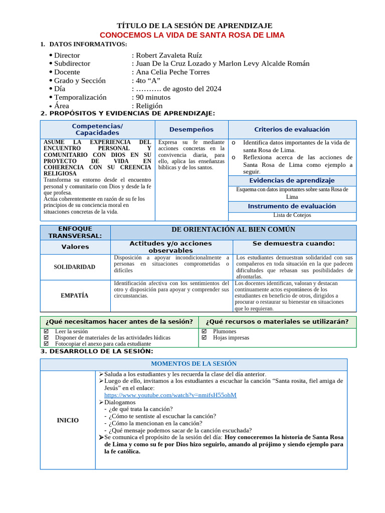 Vida y legado de Santa Rosa de Lima | PDF | Evaluación | Aprendizaje