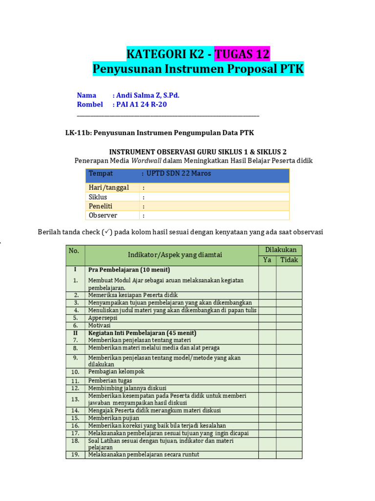 K2 Lk Tugas 12 Penyusunan Instrumen Ptk Pdf