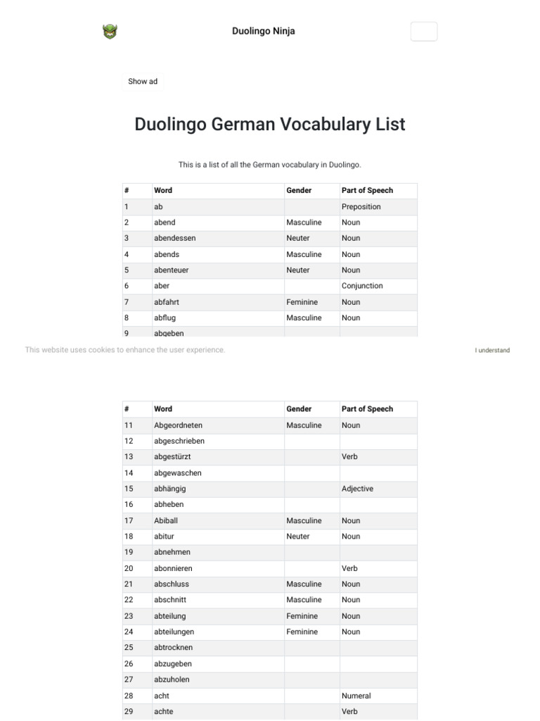 Duolingo German Vocabulary List - Duolingo Ninja | PDF