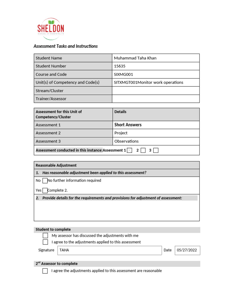 SITXMGT001 Assessment 1-Short Answer | PDF