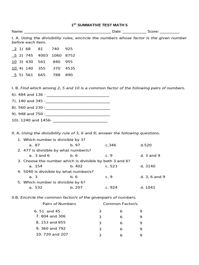 SUMMATIVE TEST - MATHEMATICS 5 - Quarter 1 week 1&2 | PDF