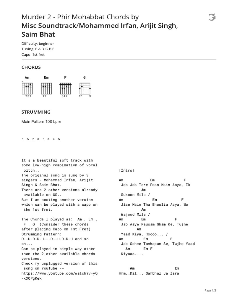 Murder 2 - Phir Mohabbat Chords (Ver 3) by Misc Soundtracktabs at ...