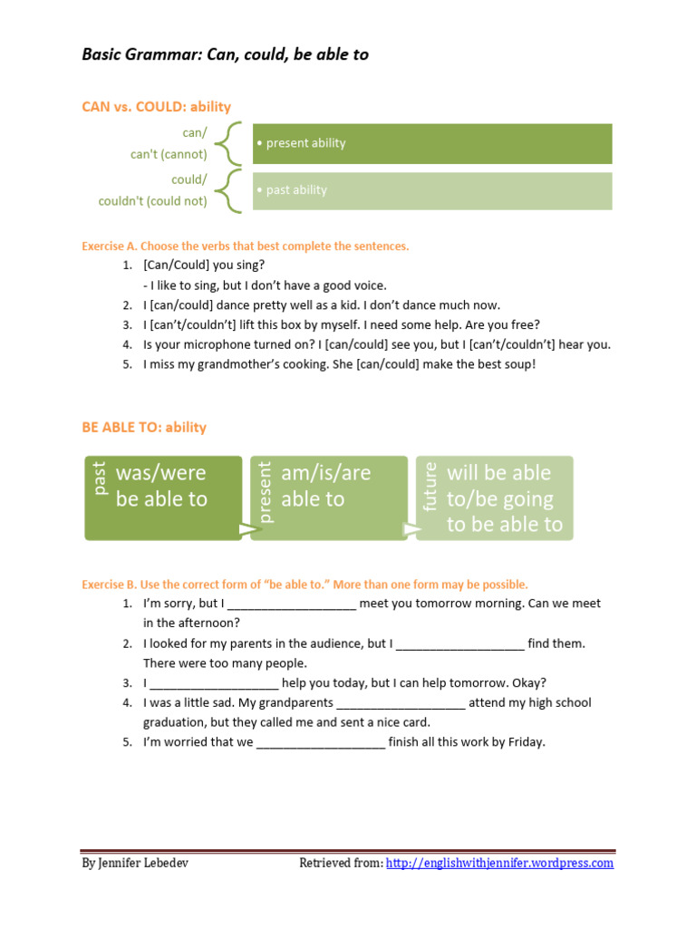 Can - Could .Be Able To Basic Grammar Handout 1 | PDF