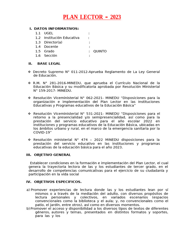 Plan Lector Quinto 2023 | PDF