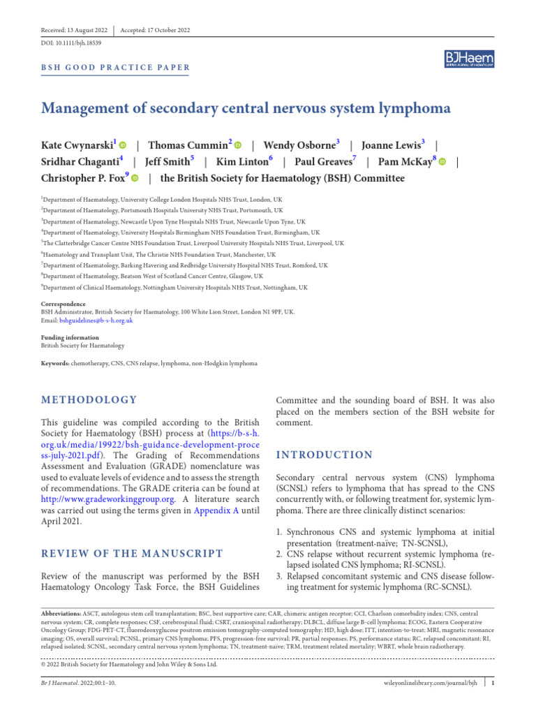 BR J Haematol 2022 Cwynarski Management of Secondary Central Nervous System Lymphoma | PDF ...