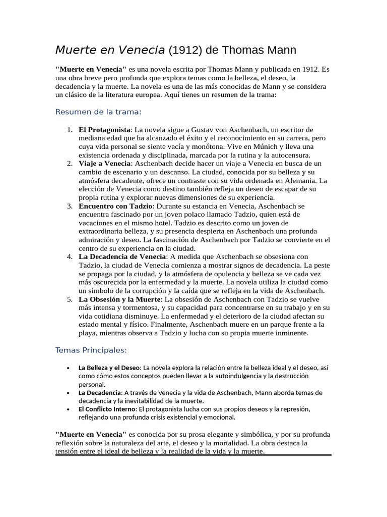 Muerte en Venecia (1912) de Thomas Mann | PDF