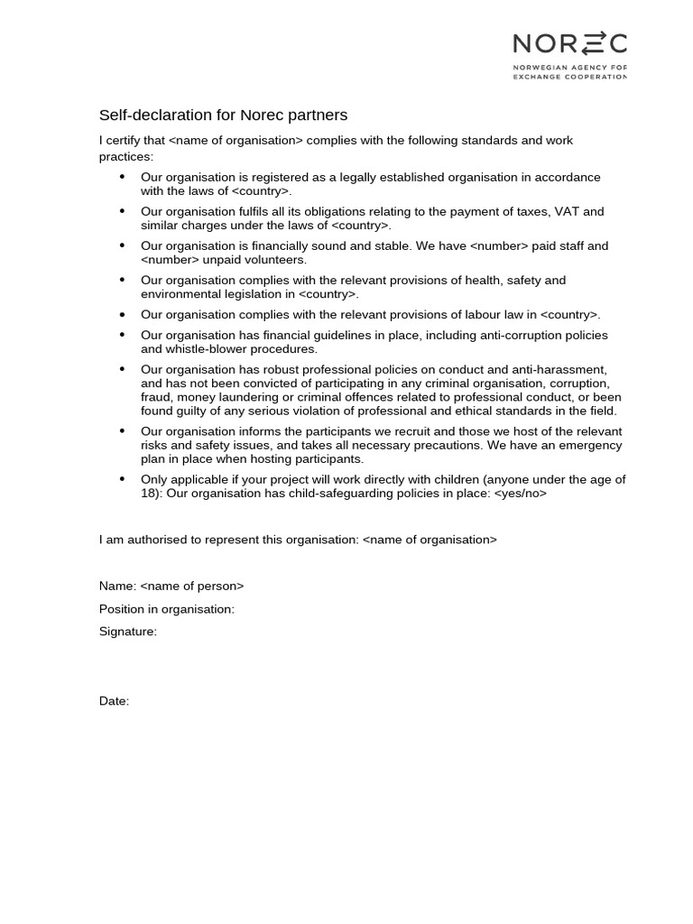 E19 Self Declaration Template | PDF