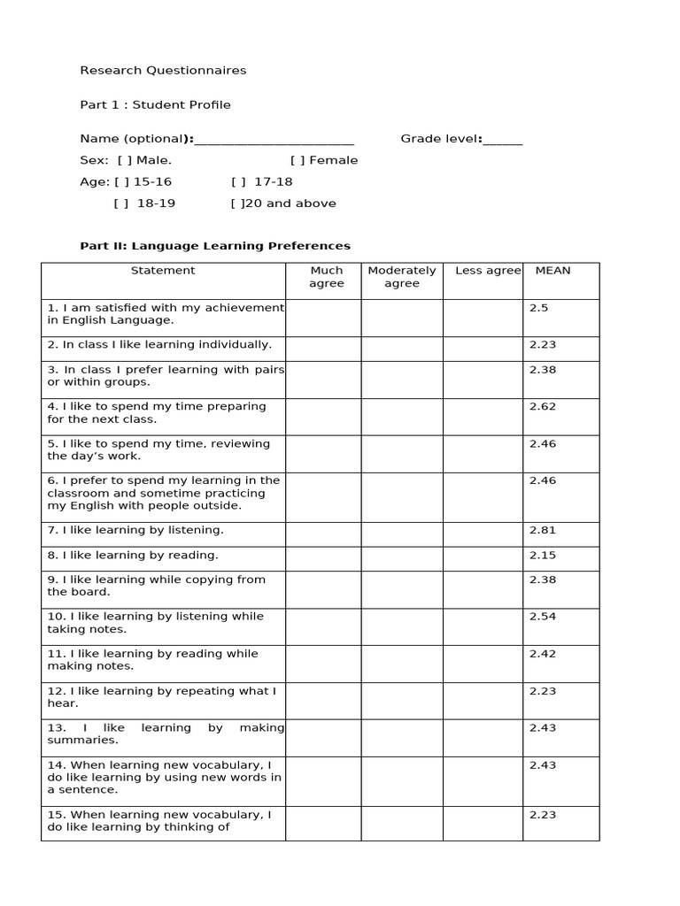 Part II: Language Learning Preferences | PDF