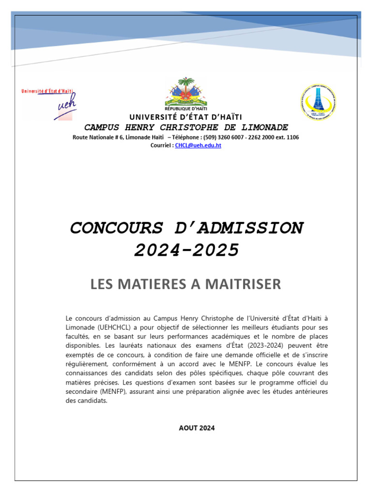 Les Matieres Du Concours Admission A UEH-CHCL 2024-2025 | PDF