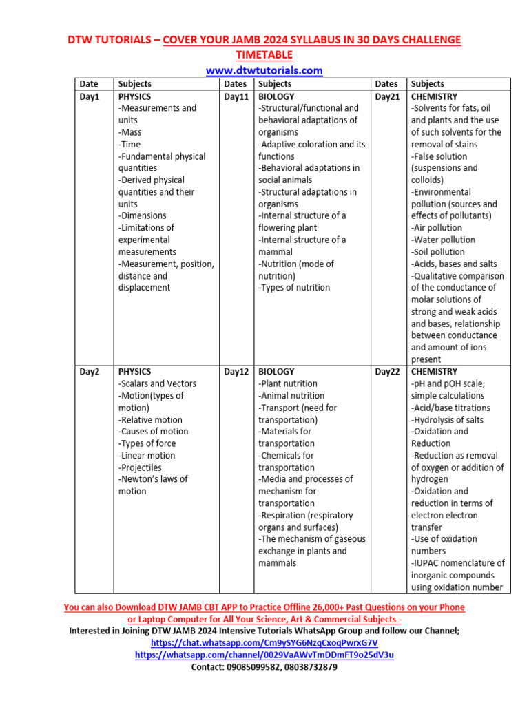 Phy Chem Bio Eng Timetable - DTW Tutorials Jamb 2024 | PDF