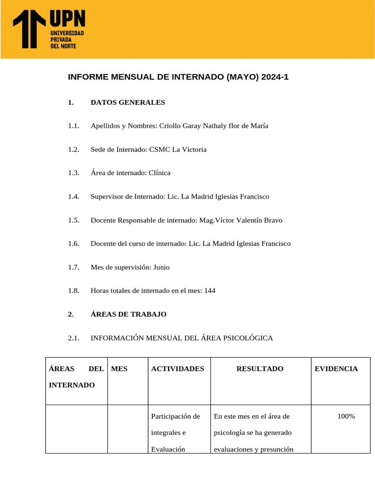 INFORME MENSUAL JUNIO CRIOLLO NATHALY | PDF