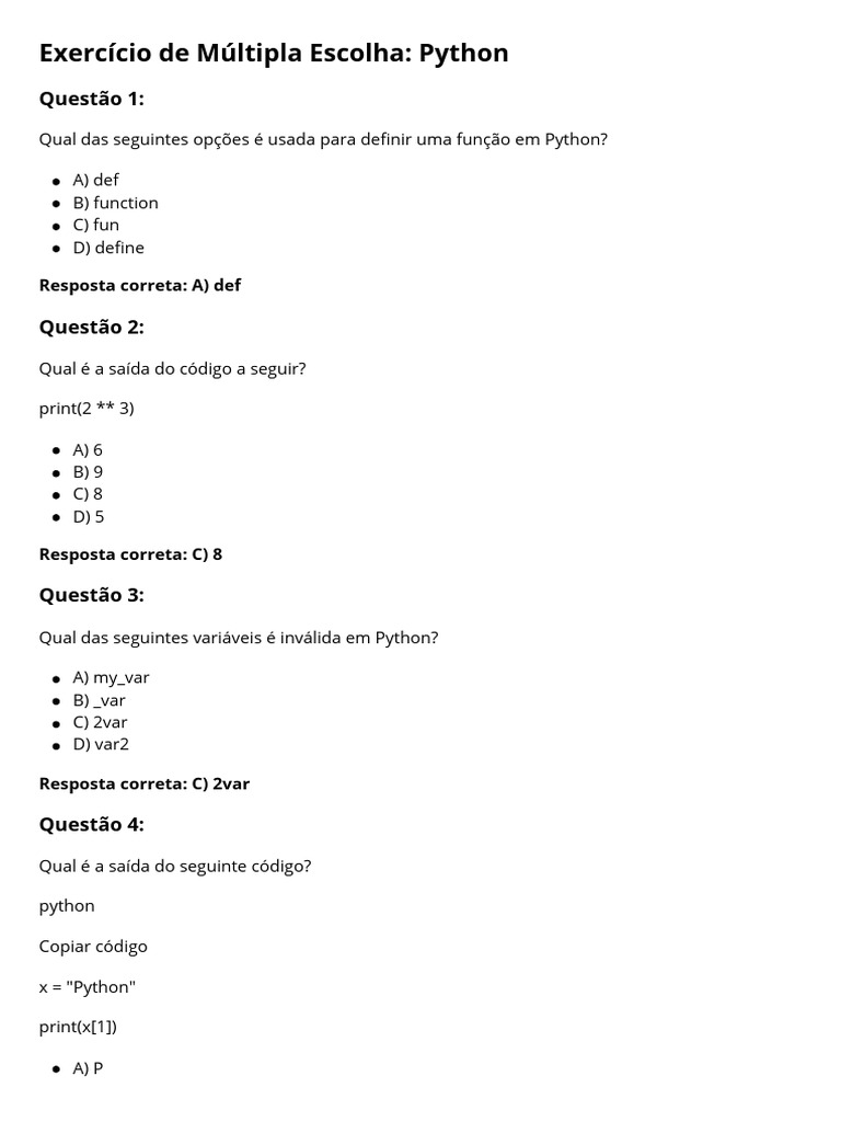 Exercício de Múltipla Escolha Python | PDF