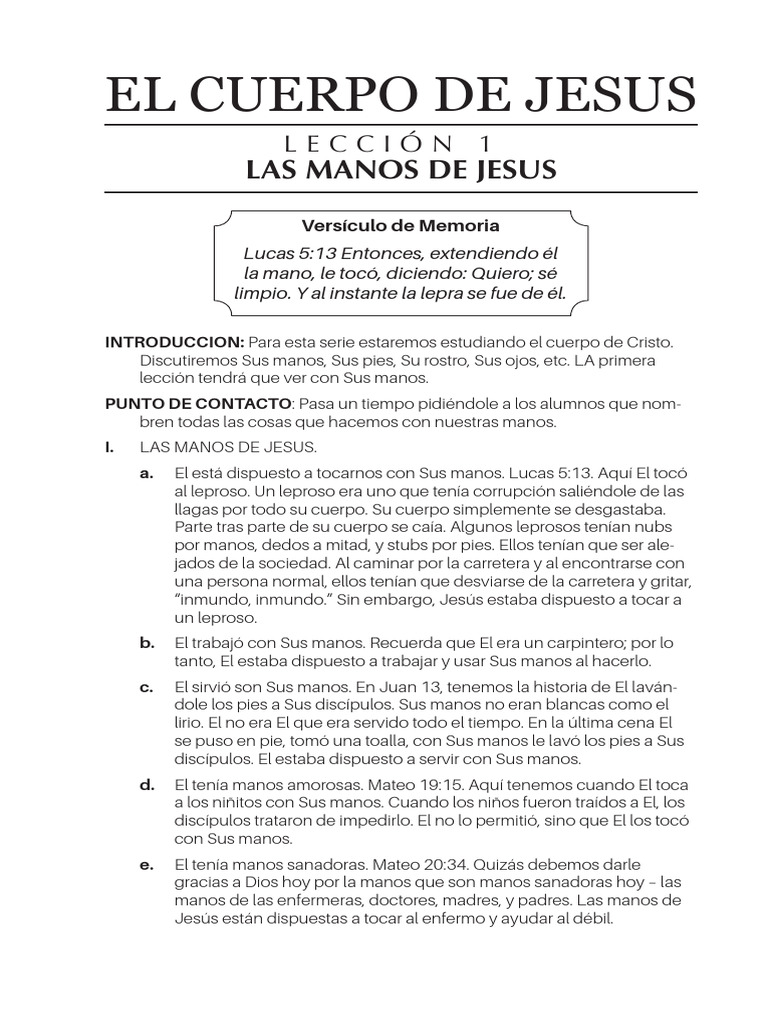 Lecion 1 LAS MANOS DE JESUS - El Cuerpo de Jesus 18Ago | PDF