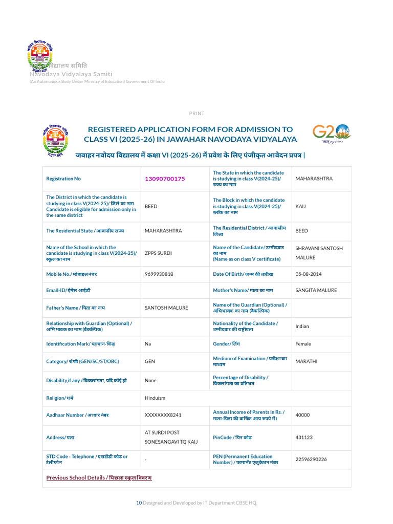 SHRAVANI MALURE Navodaya Form | PDF
