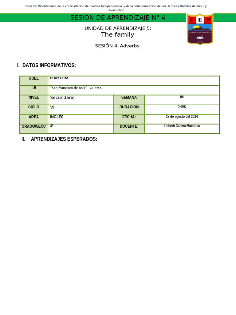 5u_4 Sesion de Aprendizaje Ingles | PDF