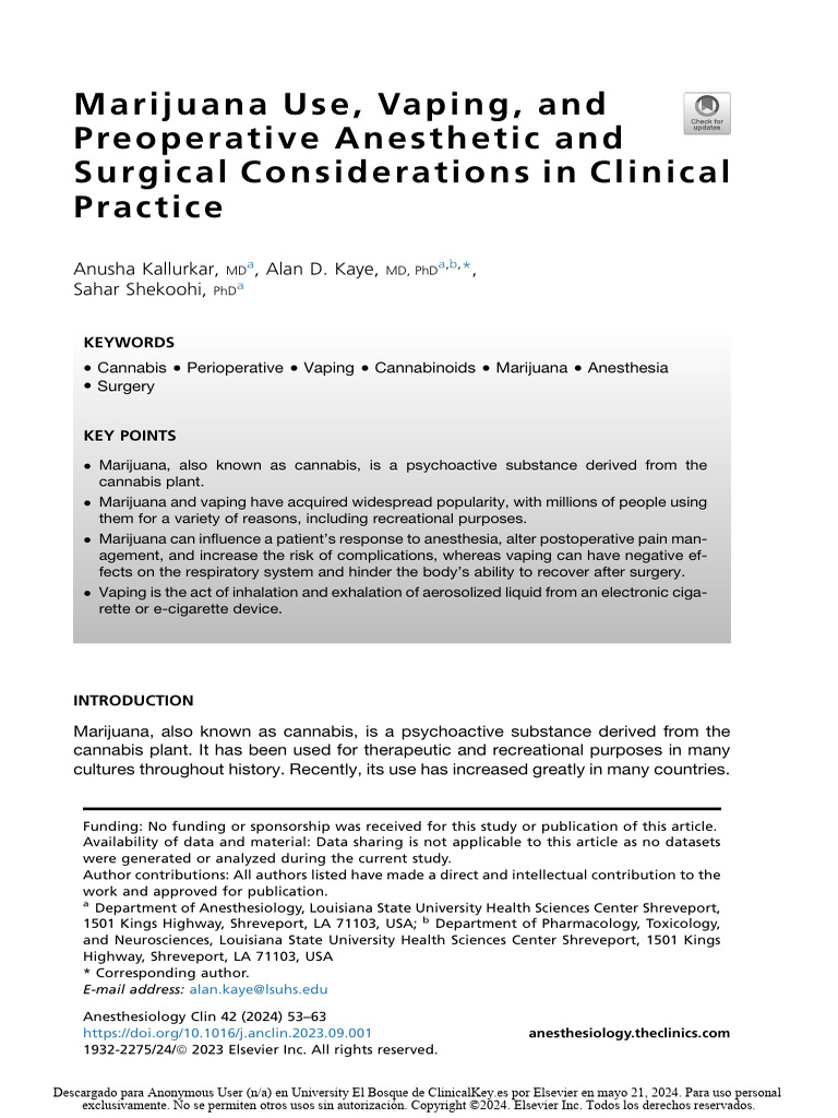 Marijuana Use, Vaping, and Preoperative Anesthetic and Surgical | PDF