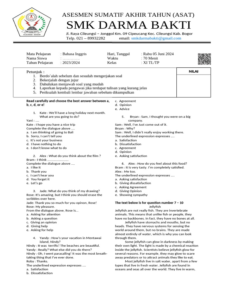 Soal Bing XI ASAT 23-24 | PDF