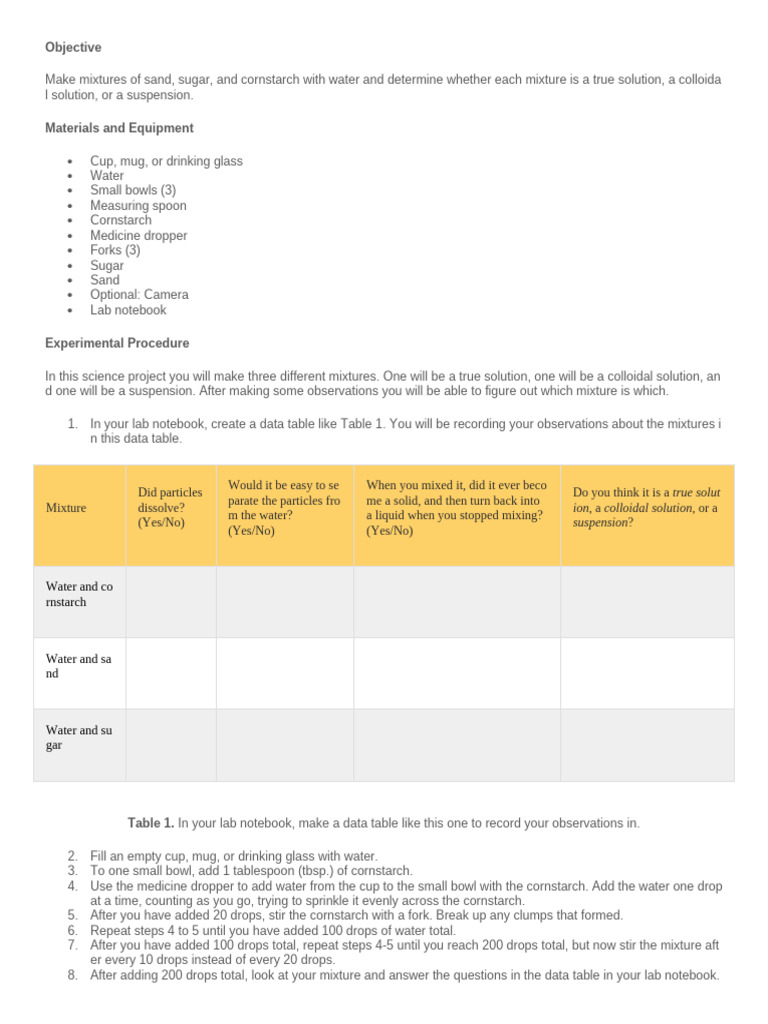 Experiment On Solution, Colloid and Suspension | PDF