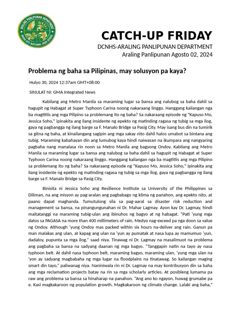 Catch-Up Friday: Problema NG Baha Sa Pilipinas, May Solusyon Pa Kaya? | PDF