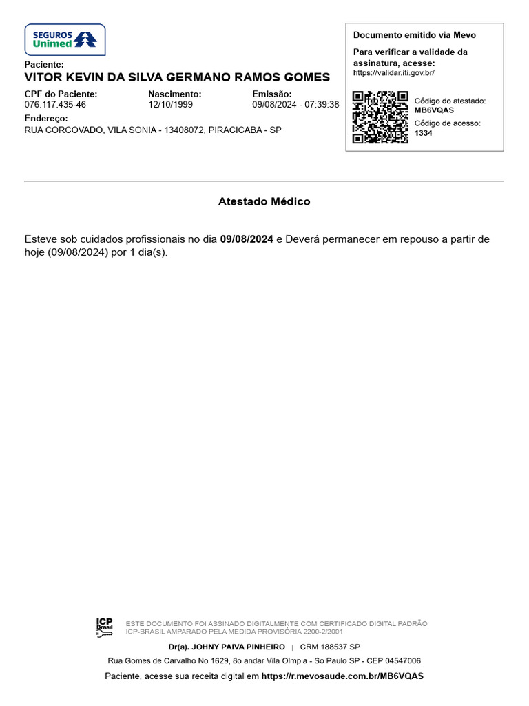 Vitor Kevin Da Silva Germano Ramos Gomes: Atestado Médico | PDF