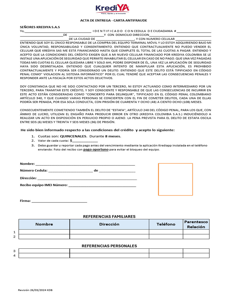 Carta Antifraude Krediya Revisión 26 Marzo 2024 KDB | PDF