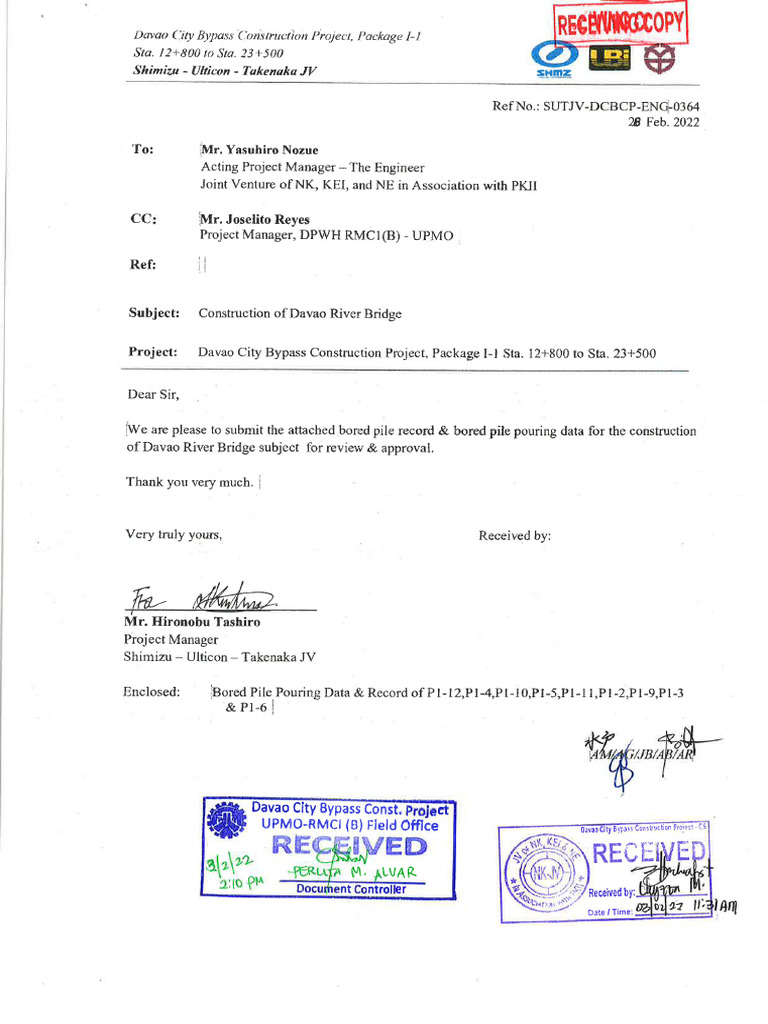 Letter To ENG-0364 Construction of Davao River Bridge - Receiving | PDF